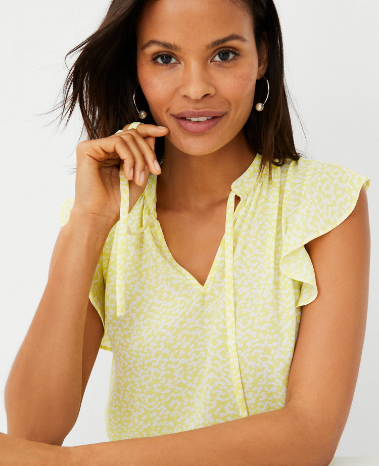 Flowerbud Mixed Media Ruffle Sleeve Tie Neck Shell