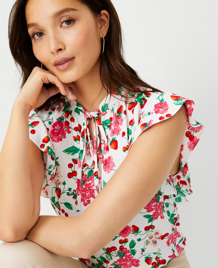 Floral Mixed Media Ruffle Sleeve Tie Neck Shell