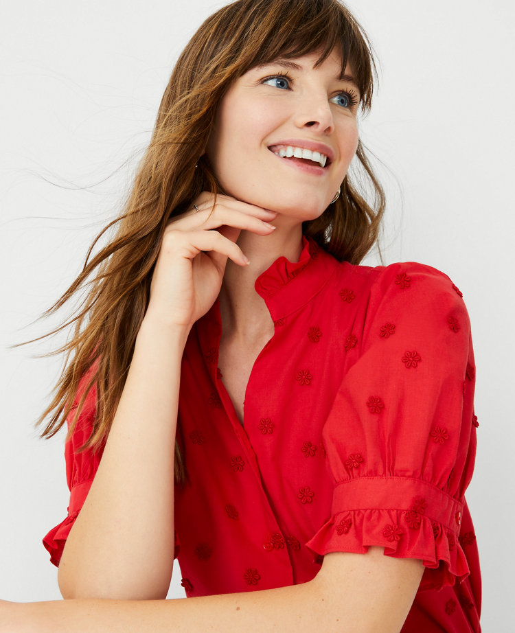 Floral Embroidered Ruffle Button Top