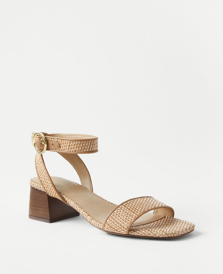 Metallic Straw Mid Block Heel Sandals