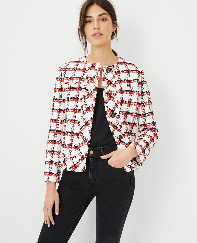 Petite Plaid Fringe Tweed Jacket