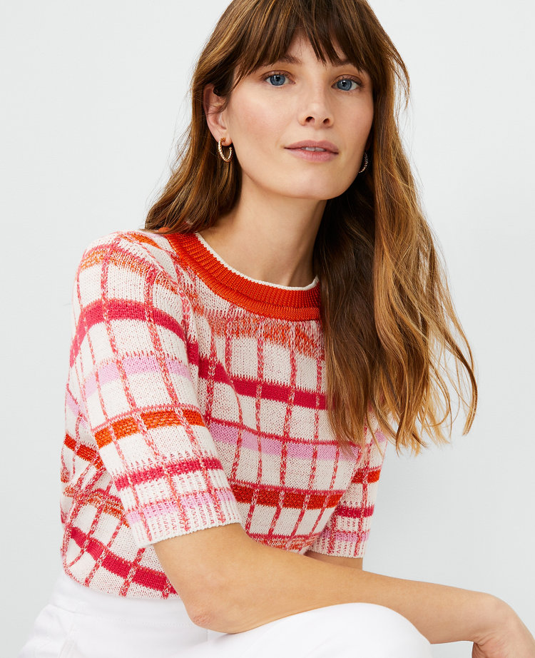 Petite Plaid Short Sleeve Sweater