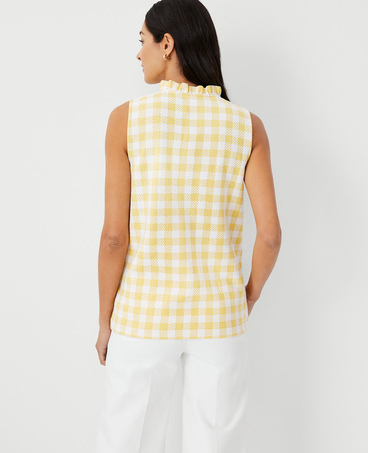 Petite Plaid Ruffle Neck Button Shell