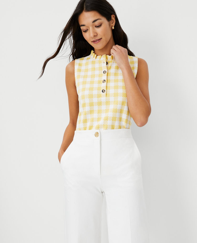 Petite Plaid Ruffle Neck Button Shell