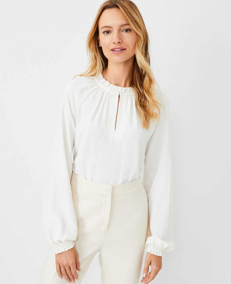 Petite Mixed Media Ruffle Split Neck Top