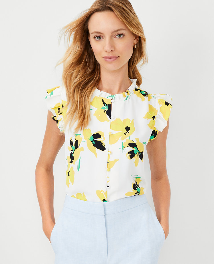 Petite Floral Mixed Media Ruffle Button Shell