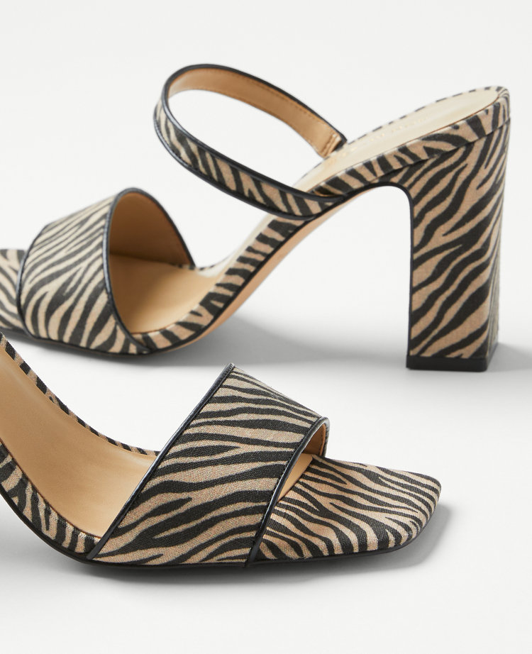 Zebra Print Linen Blend Two Strap Block Heel Sandals