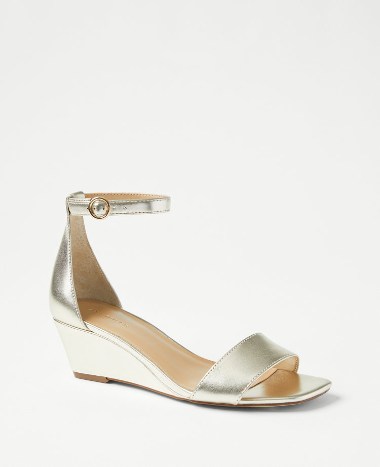 Metallic Leather Low Wedge Sandals
