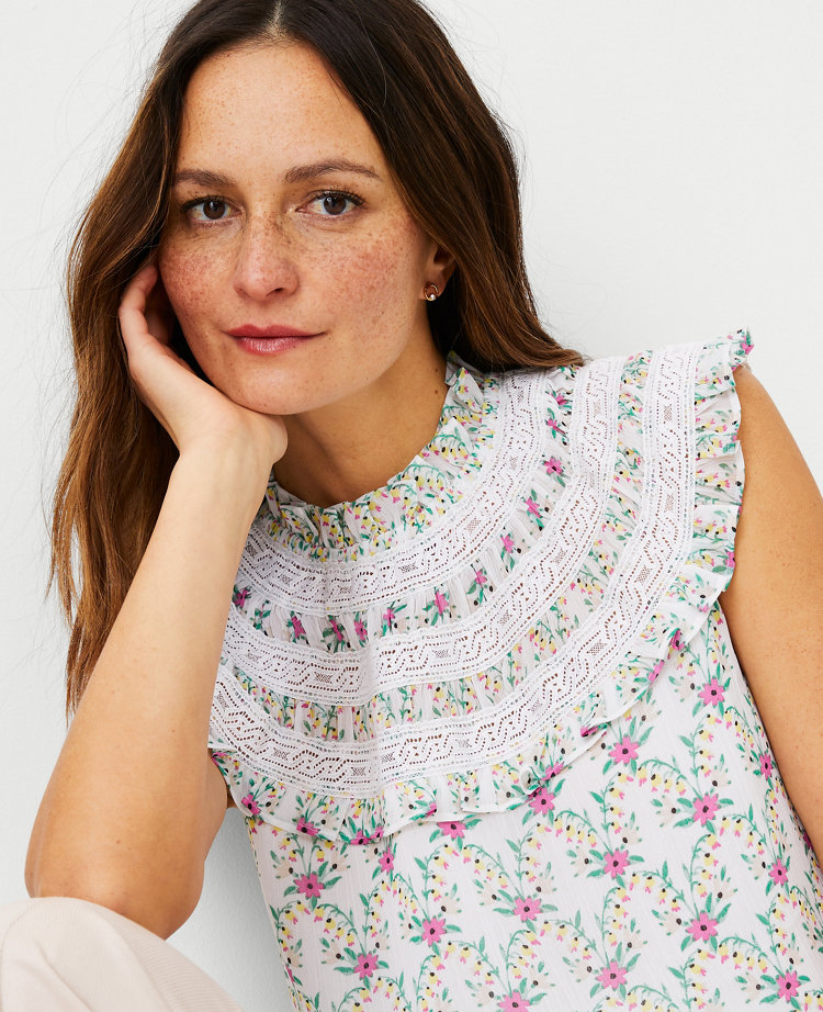 Floral Tiered Lace Ruffle Yoke Shell