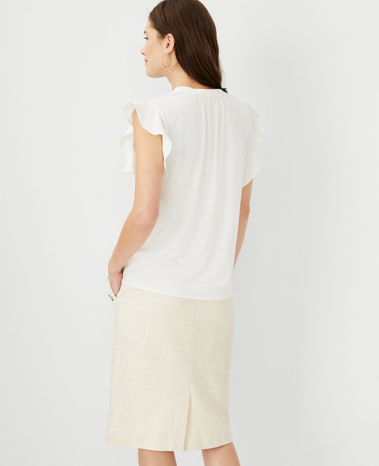 Mixed Media Ruffle Sleeve Tie Neck Shell