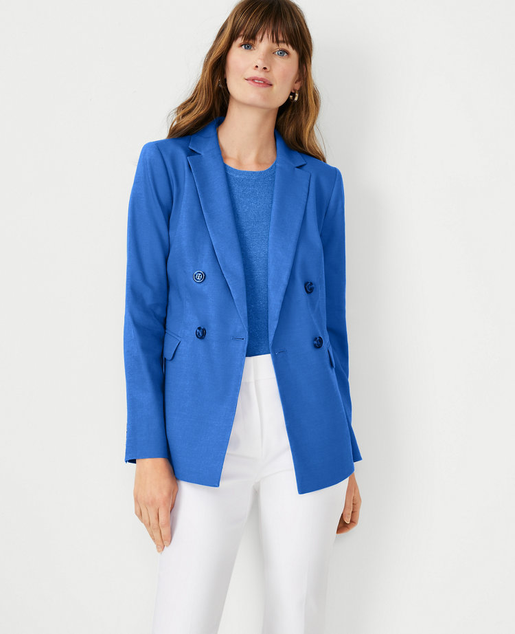 The Relaxed Double Breasted Long Blazer in Linen Blend Twill