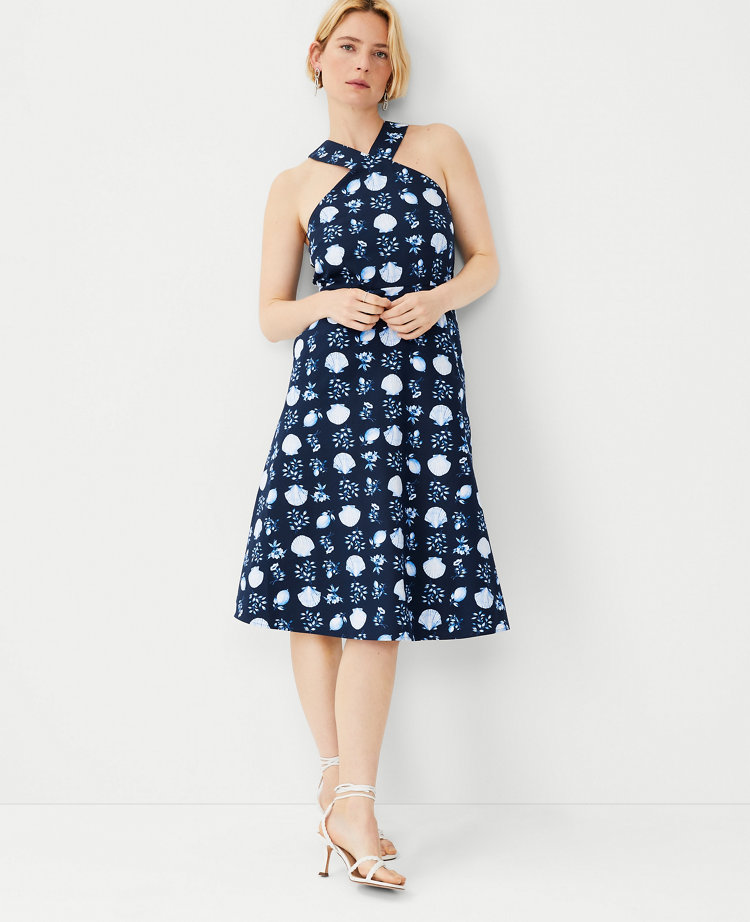 Petite Shell Tile Cotton Linen Halter Flare Dress