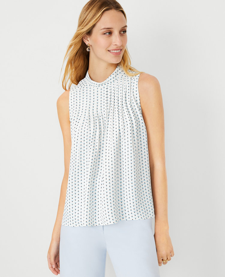 Floral Pintucked Yoke Mock Neck Shell