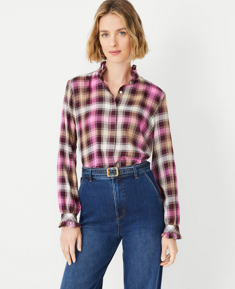 Plaid Ruffle Neck Shirt