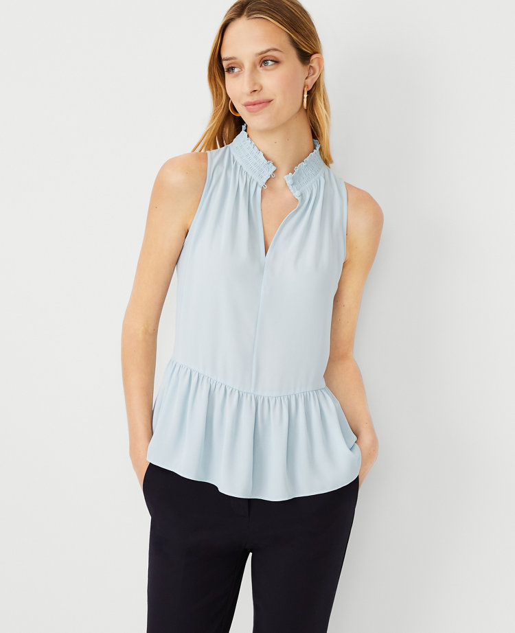 Smocked Neck Peplum Shell
