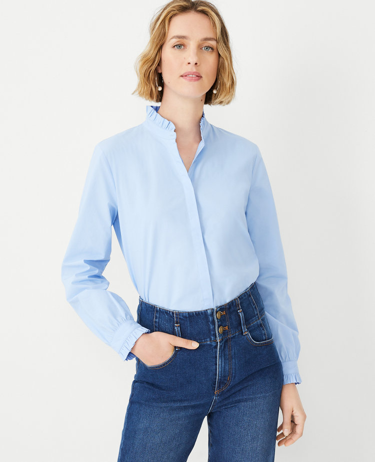 Poplin Ruffle Neck Shirt