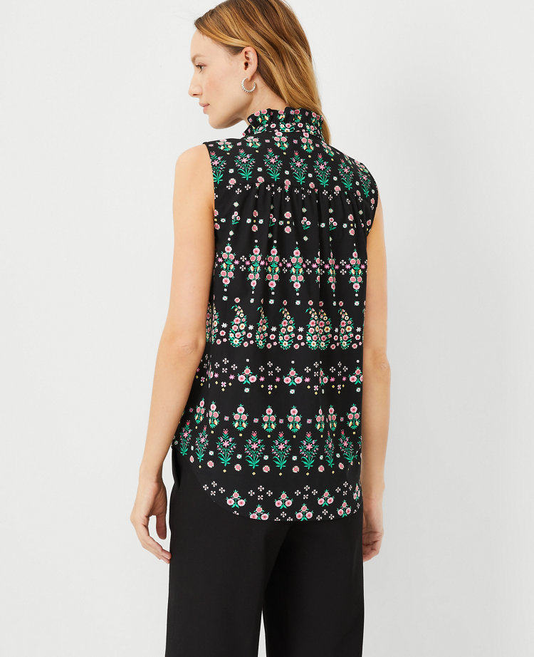 Petite Floral Stripe Ruffle Shell