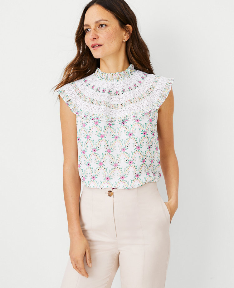 Petite Floral Tiered Lace Ruffle Yoke Shell