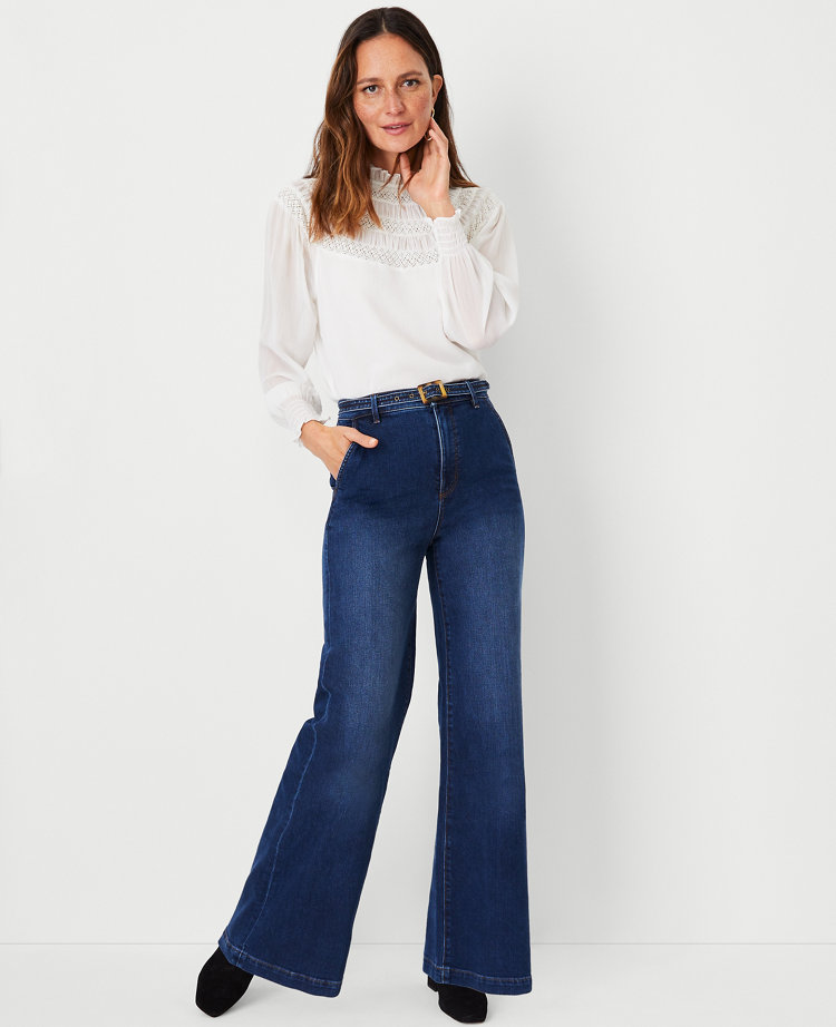 High Rise Belted Trouser Jeans in Bright Medium Stone Wash