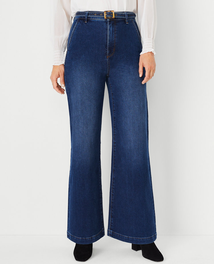 High Rise Belted Trouser Jeans in Bright Medium Stone Wash