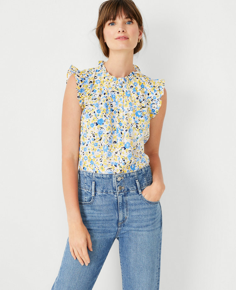 Petite Floral Pleated Ruffle Blouse