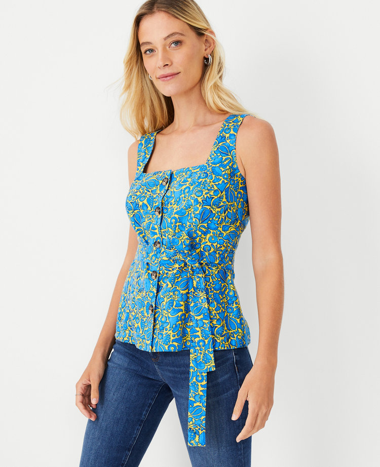 Petite Floral Linen Blend Belted Utility Top