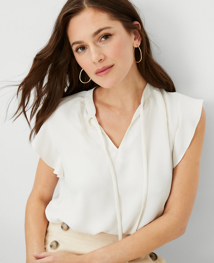 Petite Mixed Media Ruffle Sleeve Tie Neck Shell