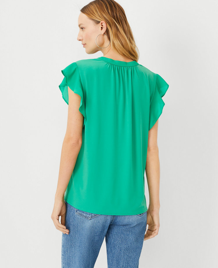 Petite Mixed Media Ruffle Sleeve Tie Neck Shell