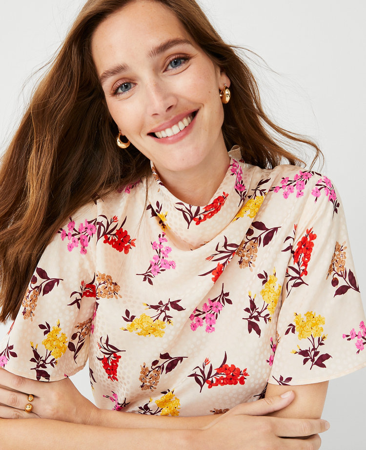 Floral Cowl Neck Flutter Sleeve Top