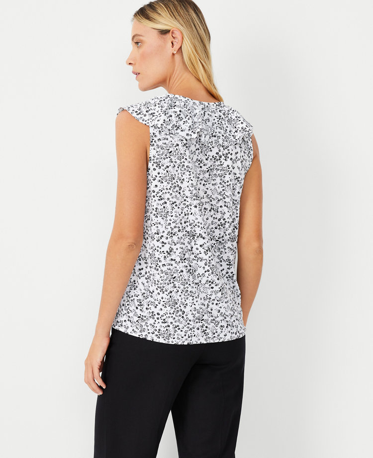 Petite Floral Ruffle V-Neck Mixed Media Shell