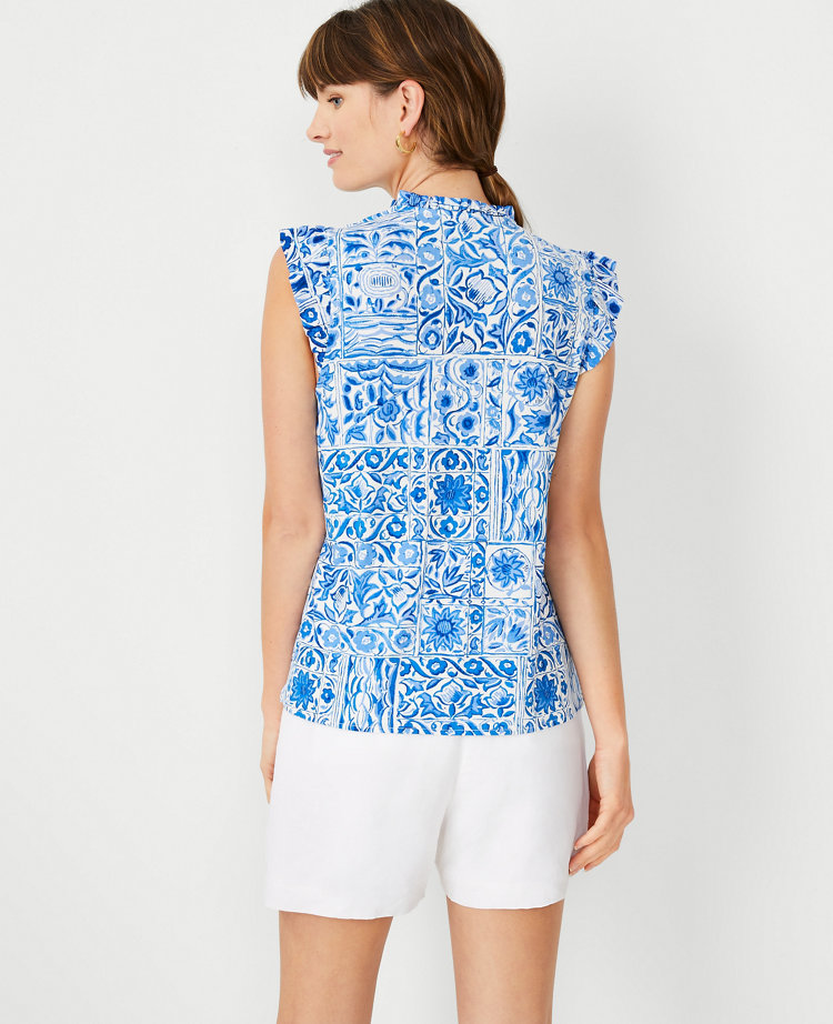 Petite Tile Mixed Media Ruffle Button Shell