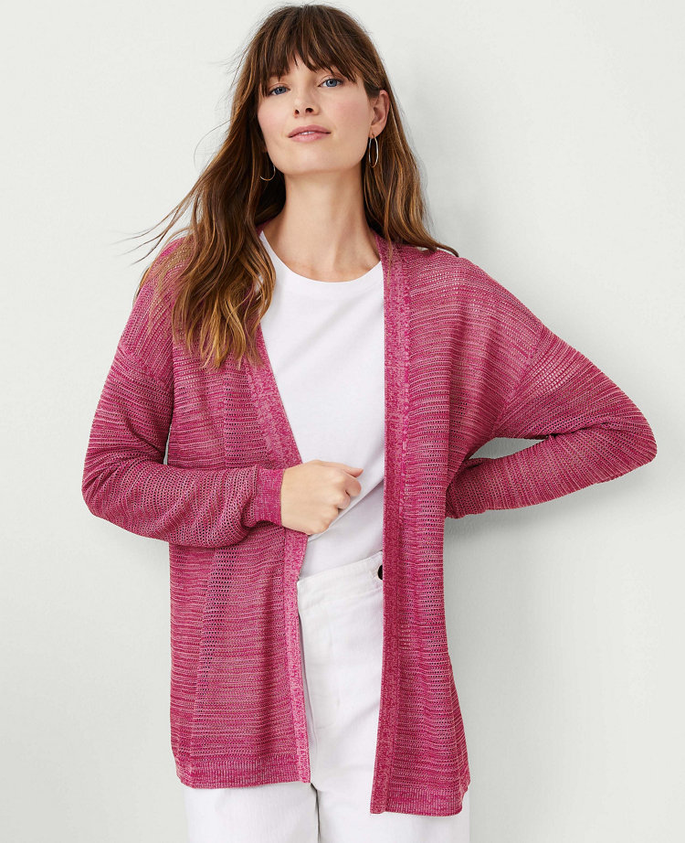Petite Shimmer Mesh Stitch Open Cardigan