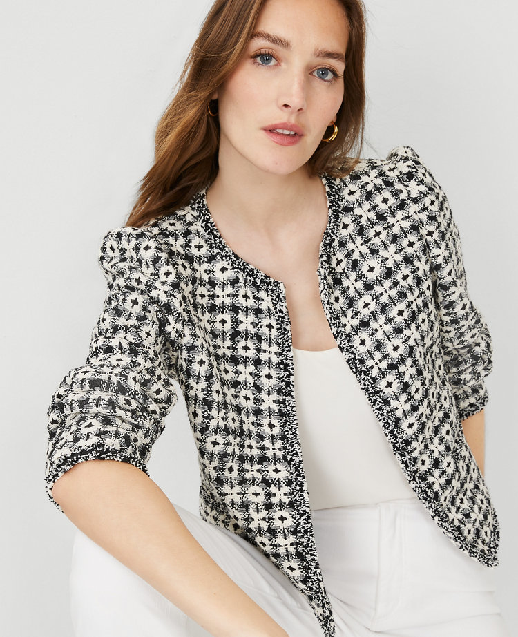 Fringe Tweed Puff Sleeve Jacket