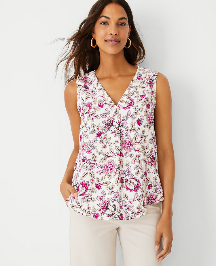 Petite Floral Mixed Media Pleat Front Top
