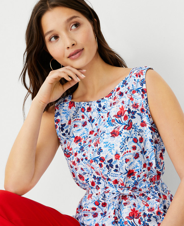 Petite Floral Linen Blend Belted Gusset Tee