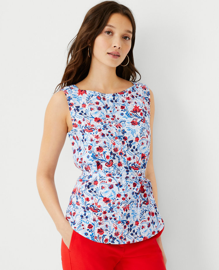 Petite Floral Linen Blend Belted Gusset Tee