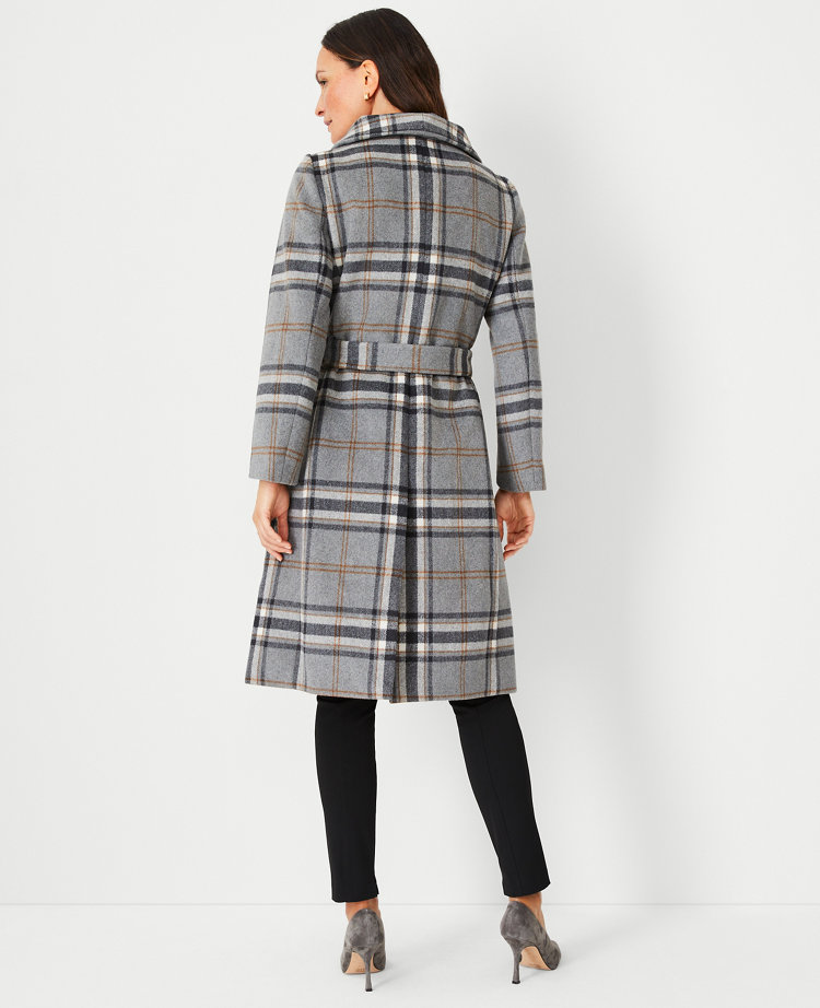 Plaid Wool Blend Belted Funnel Neck Coat