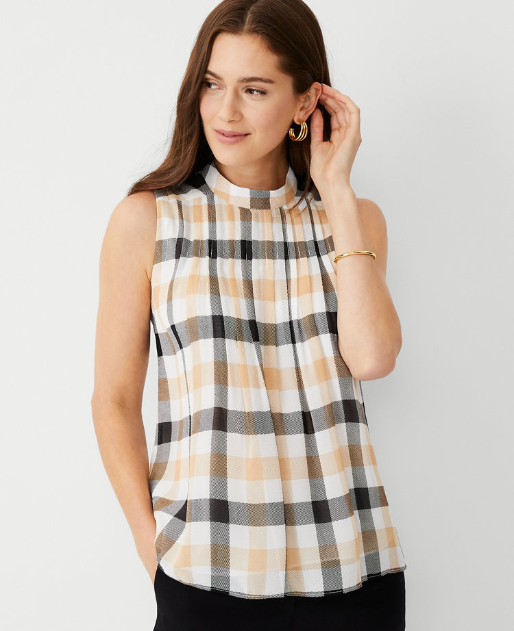 Checked Pintucked Yoke Mock Neck Shell