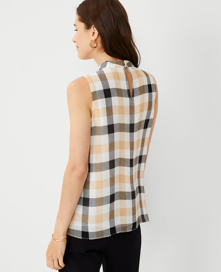 Checked Pintucked Yoke Mock Neck Shell