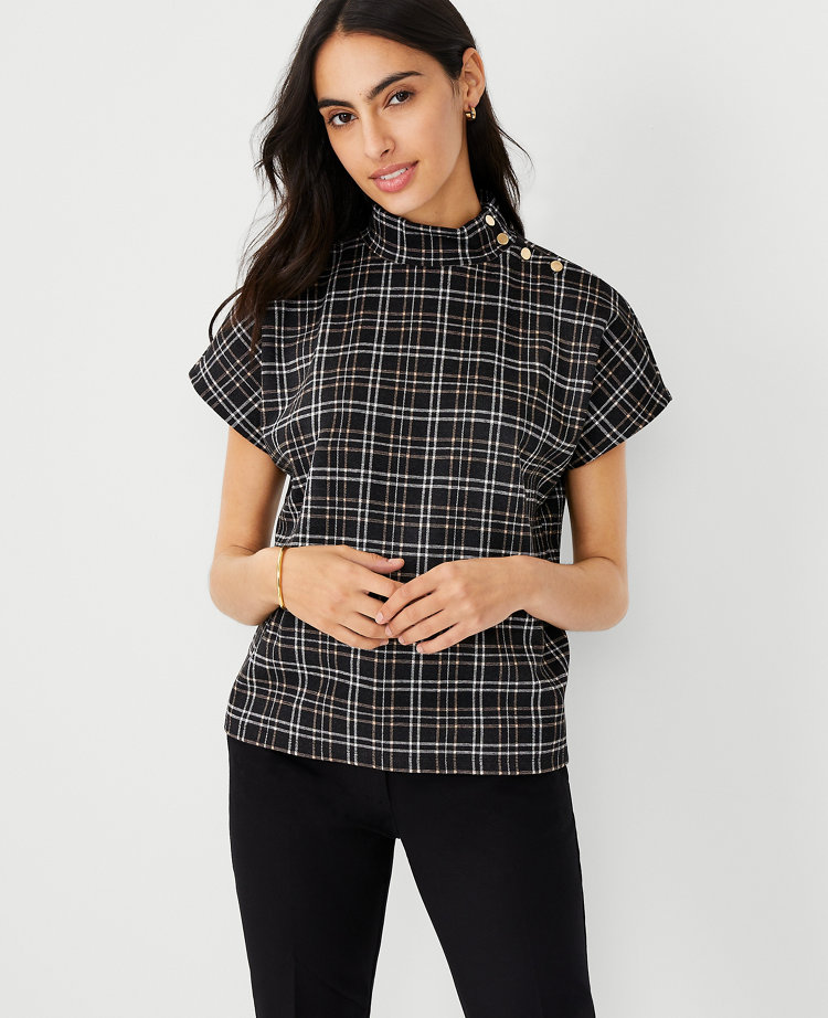 Plaid Shoulder Button Mock Neck Top