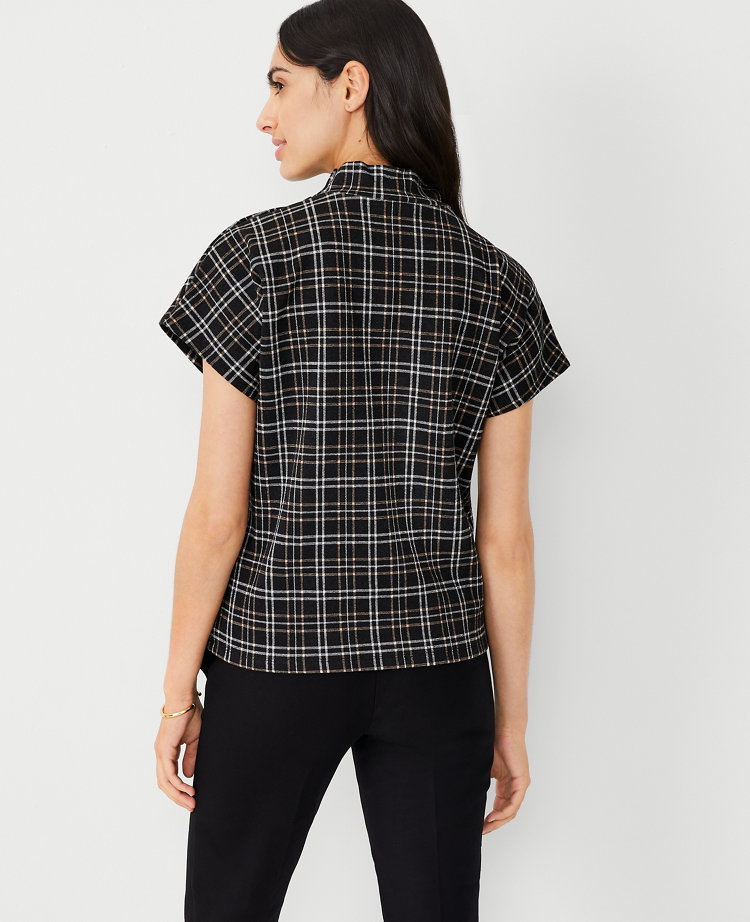 Plaid Shoulder Button Mock Neck Top