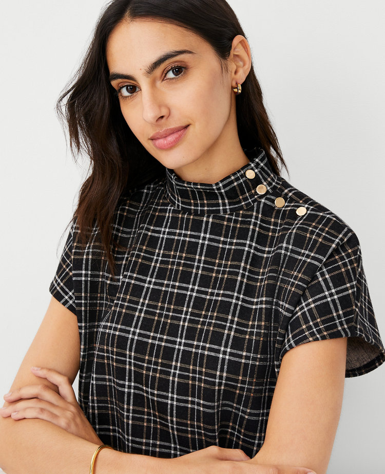 Plaid Shoulder Button Mock Neck Top