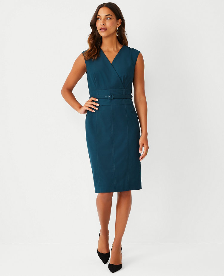 The Petite Wrap Belted Sheath Dress in Airy Wool Blend