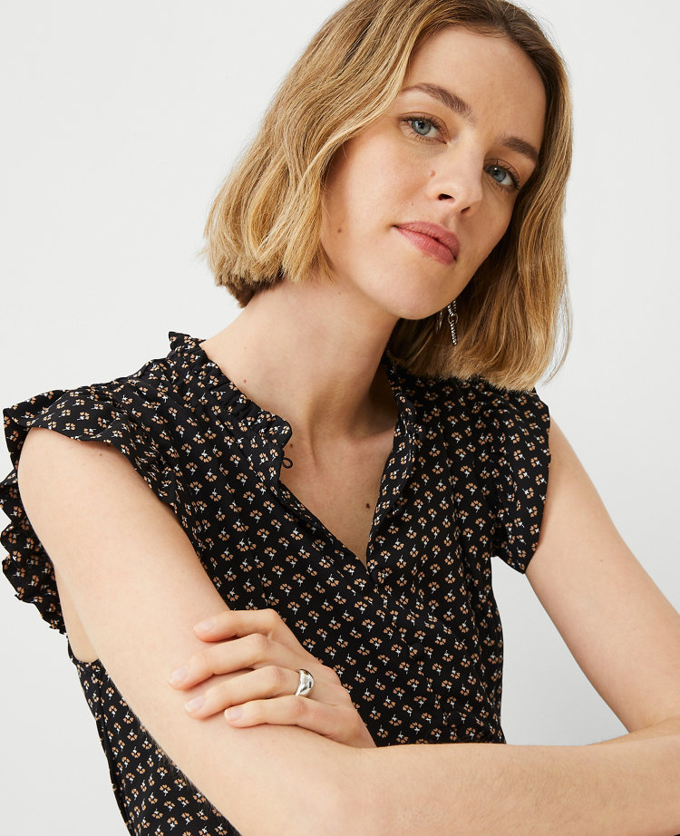 Petite Floral Mixed Media Ruffle Button Shell