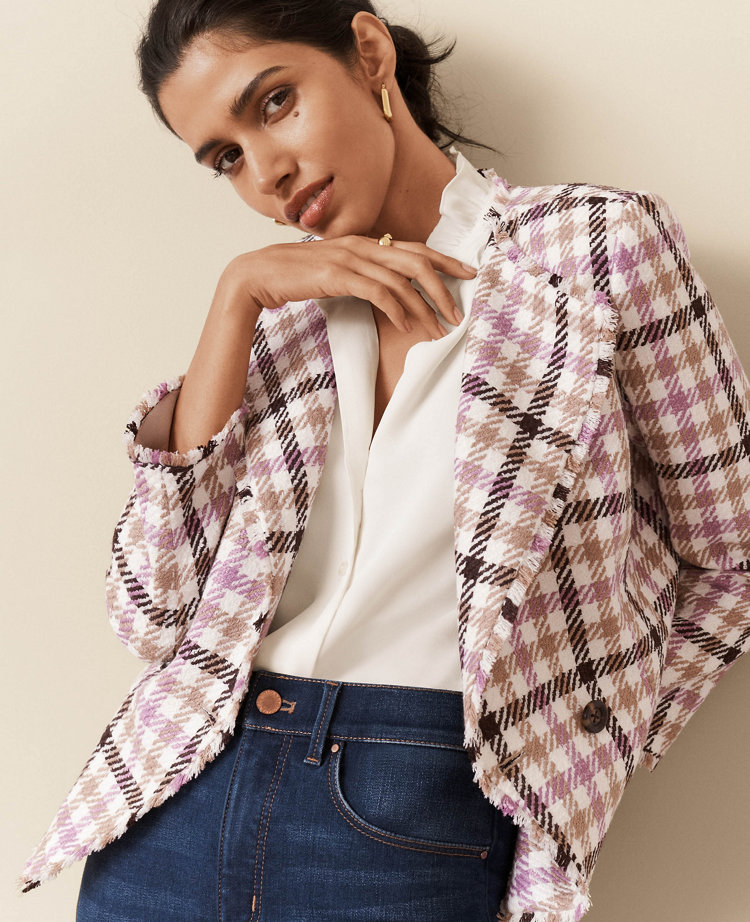 The Petite Cutaway Jacket in Houndstooth Fringe Tweed