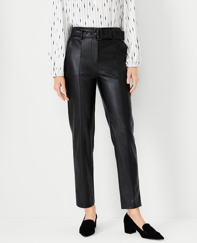 The Petite Belted Taper Pant in Faux Leather
