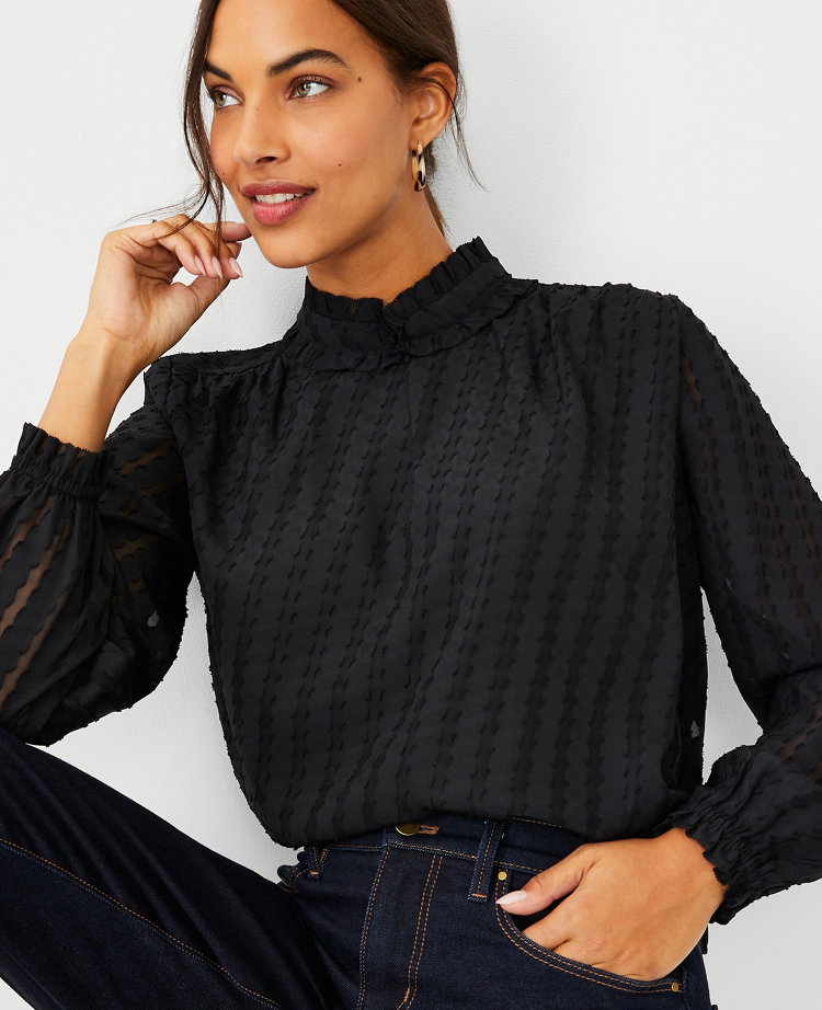 Chain Clip Ruffle Neck Shirred Blouse