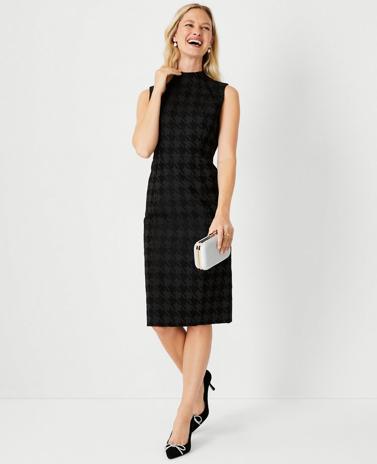 Houndstooth Jacquard Mock Neck Sheath Dress