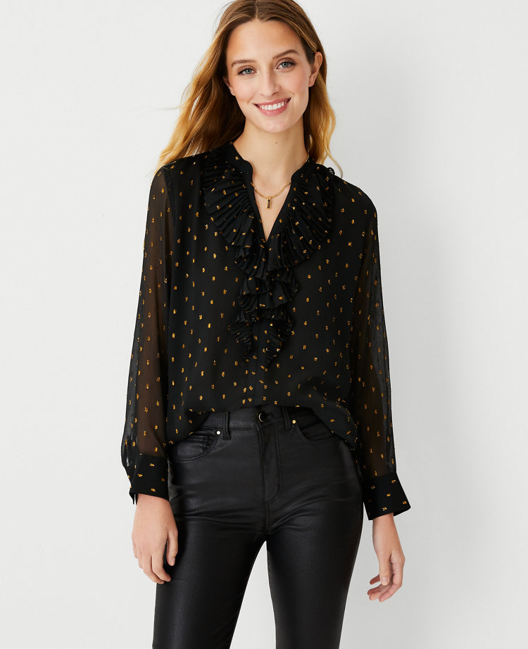 Shimmer Clip Dot Pleated Ruffle Blouse