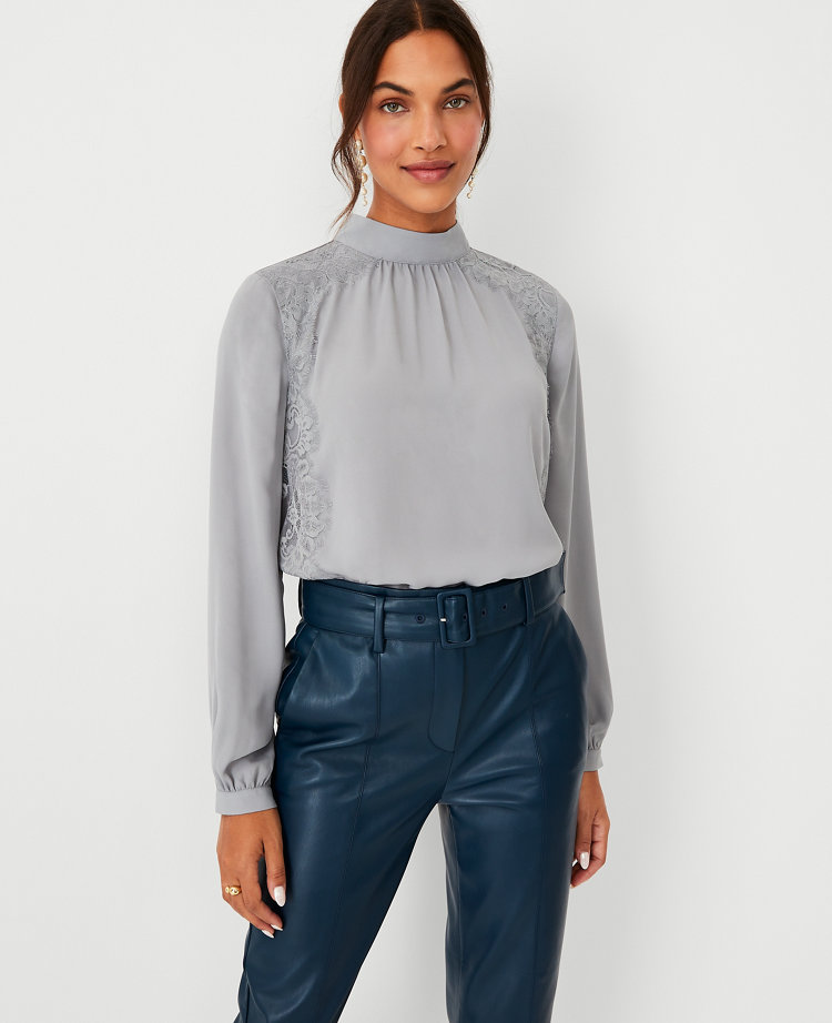 Lace Trim Mock Neck Blouse